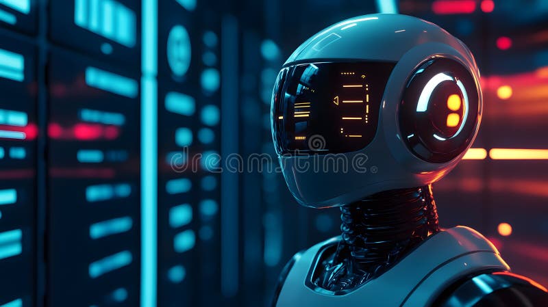 Futuristic Robot Head with Glowing Lights Displays Data in Server Room ...