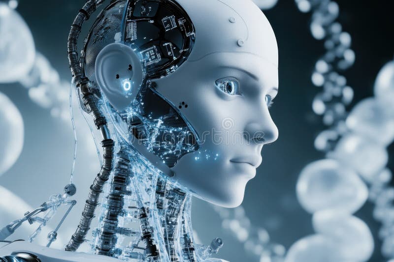 Futuristic Robot Head with Intricate Circuitry and Digital Elements on ...