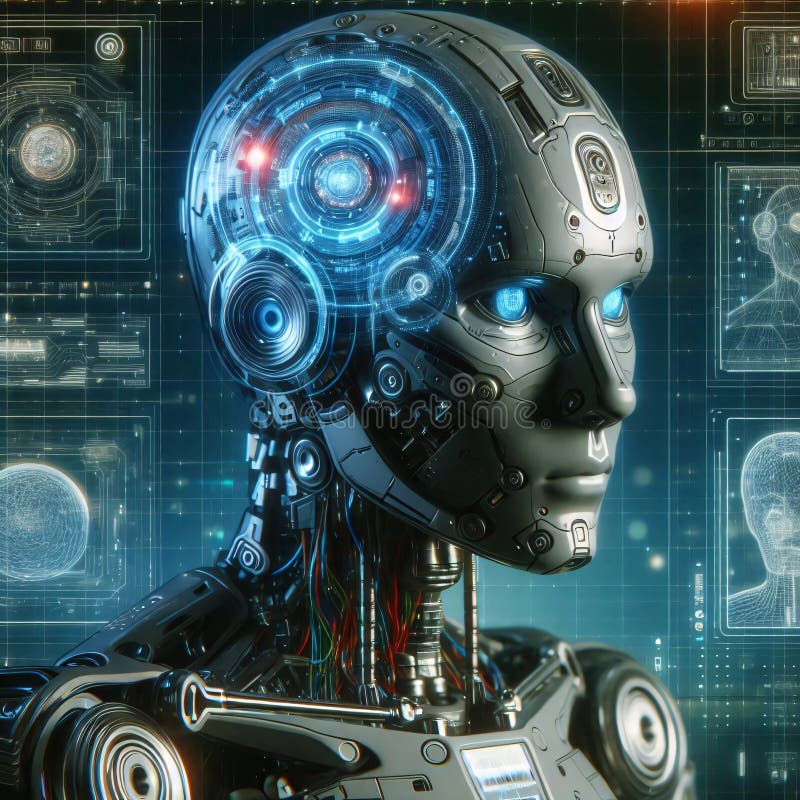 Futuristic Robot Head with Intricate Designs and Glowing Blue Eyes ... Futuristic Robot Head with Intricate Designs and Glowing Blue Eyes ...