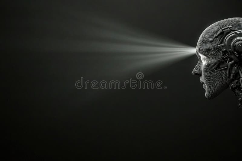 Futuristic Robot Head with Light Beams on Dark Background Stock Photo ...