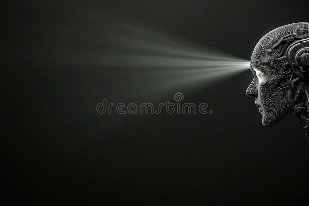 Futuristic Robot Head with Light Beams on Dark Background Stock Photo ...