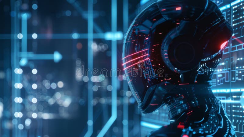 Futuristic Robot Head with Red Laser Vision in a Digital Space Stock ...