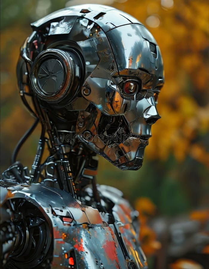 Futuristic Robot Head in a Reflective Autumn Environment Stock Photo ...