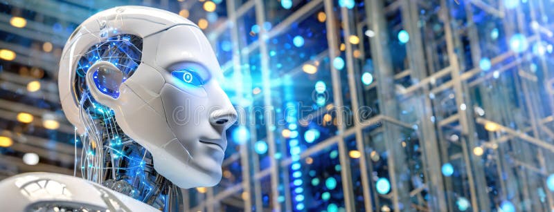 A Futuristic Robot Head with Transparent Sections and Blue Lights. the ...