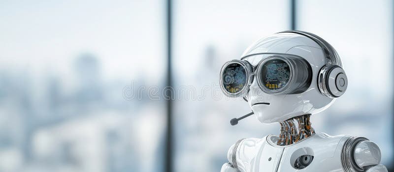 Futuristic Robot with Headset and Display Screen in Modern Office Stock ...