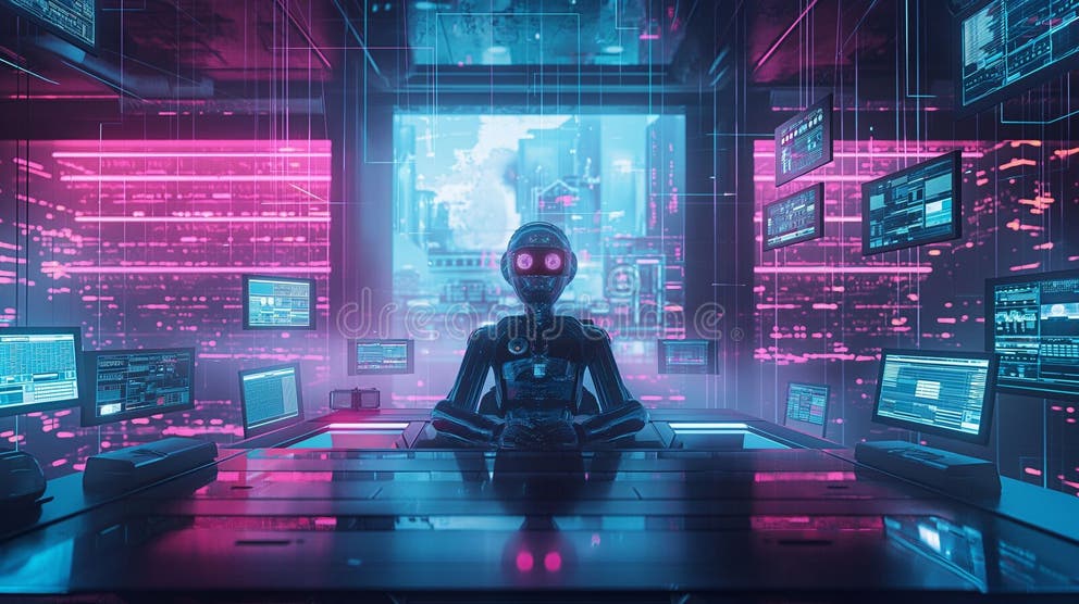 Futuristic Robot in a High-tech Command Center with Glowing Screens ...