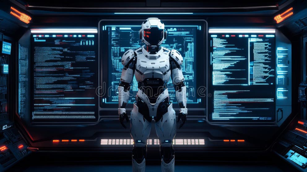 Futuristic Robot in a High-Tech Control Center Stock Illustration ...