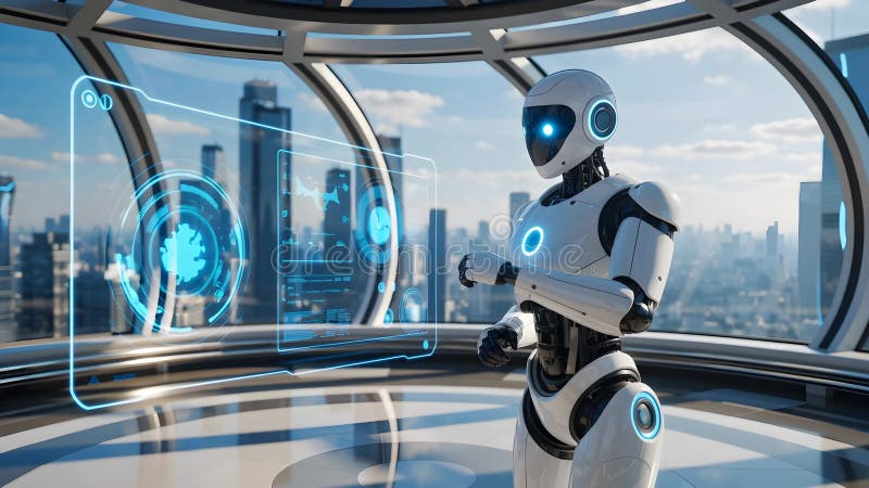 Futuristic Robot in High-Tech Control Room with Glowing Eyes Stock ...
