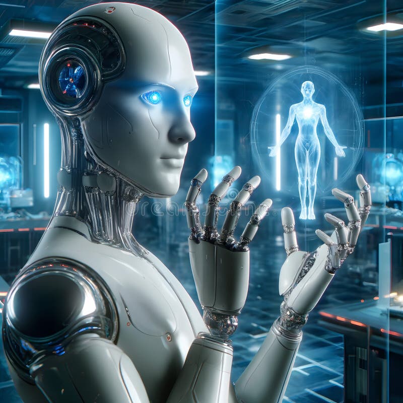 Futuristic Robot in High-Tech Lab Analyzing Human Anatomy Stock Photo ...