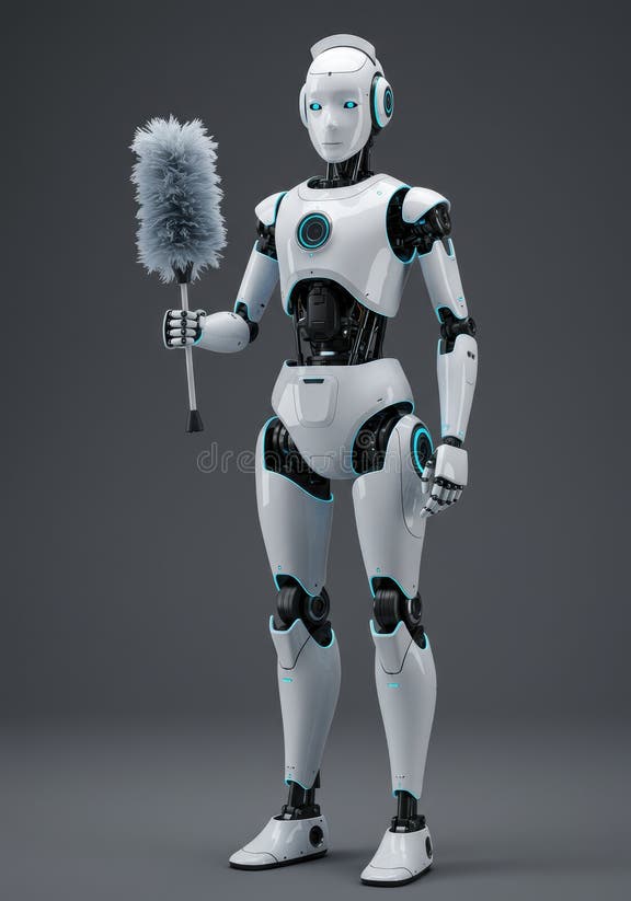 Futuristic Robot Holding a Feather Duster in a Clean Tech Environment ...