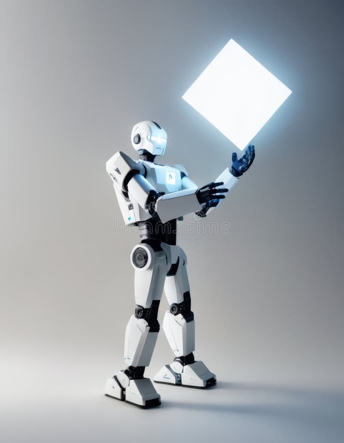 Futuristic Robot Holding Glowing Cube in Minimalist Setting Stock Image ...