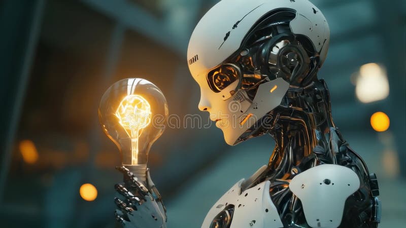 Futuristic Robot Holding Glowing Light Bulb in Advanced Tech Setting ...