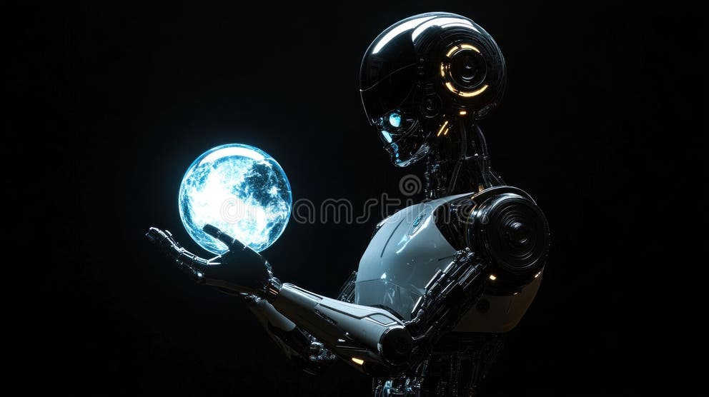 Futuristic Robot Holding Glowing Orb in Dark Environment. Stock Photo ...