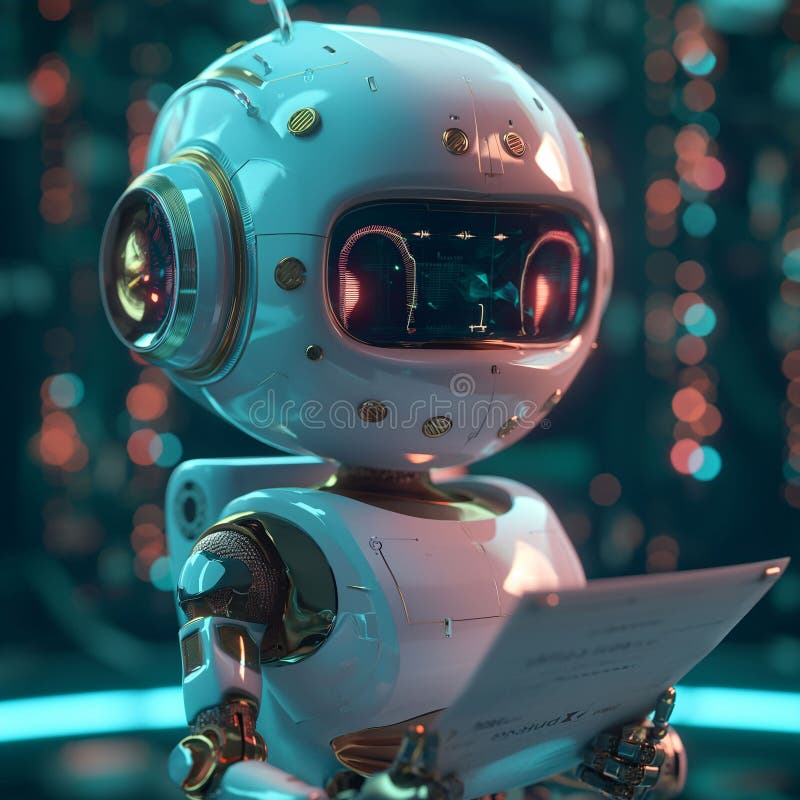 Futuristic Robot Holding a Holographic Document in a Vibrant, Tech ...