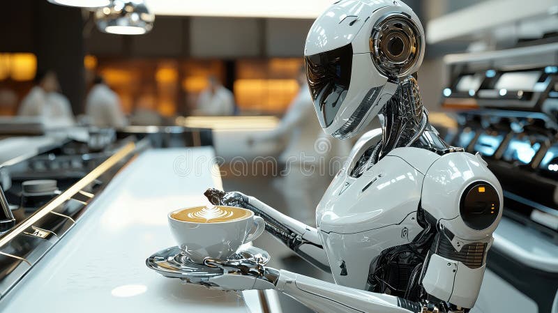 Futuristic Robot Holding a Latte in a High-tech Cafe Stock Image ...