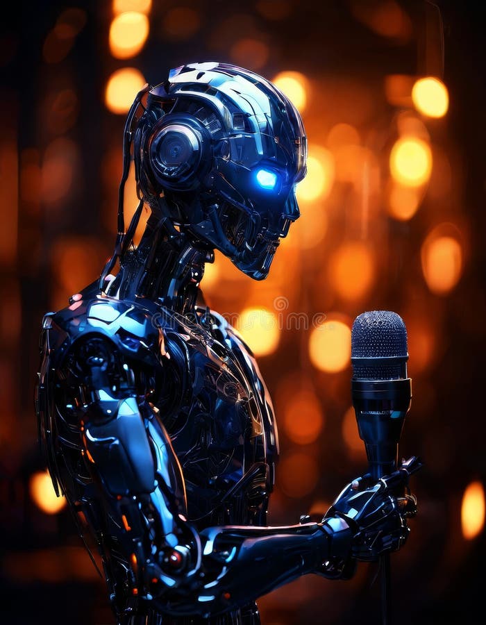 Futuristic Robot Holding a Microphone in Dramatic Lighting Stock Photo ...