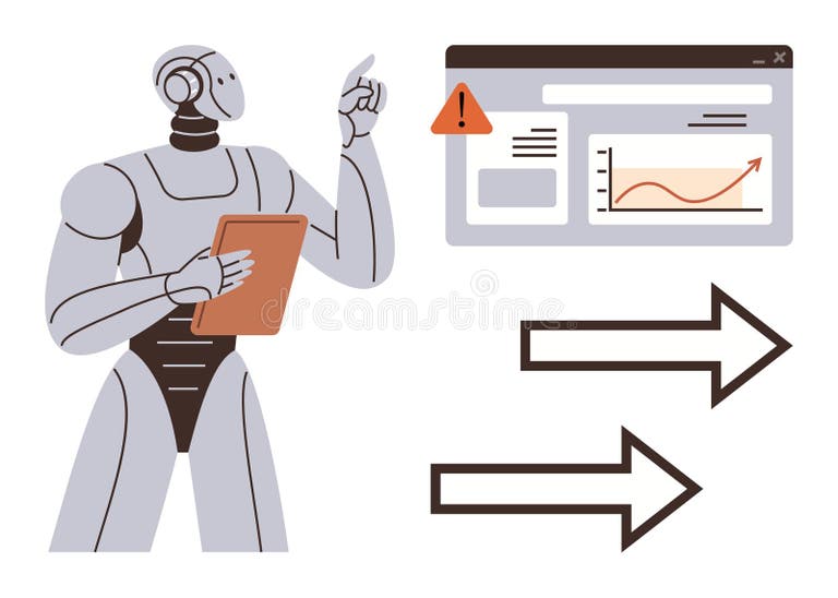 Robot Analyzing Data Trends with Alert Notification and Directional Flow Concept Stock Vector ...