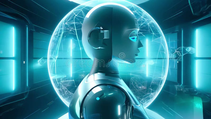Futuristic Robot with Holographic Sphere in Sci-Fi Setting. Concept of ...