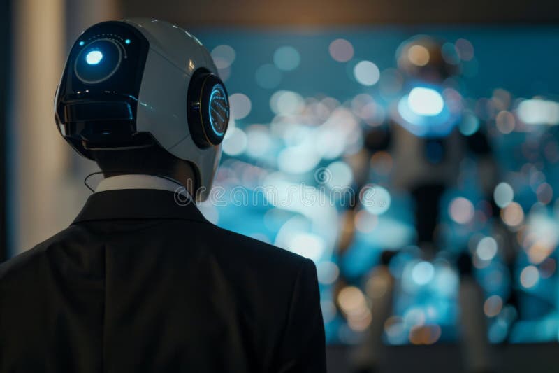 Futuristic Robot with Human Attire Gazing into Lights Stock Image ...