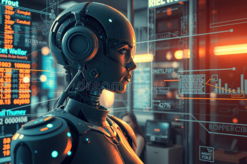 Futuristic Robot with Human Like Appearance Stands in High Tech ...