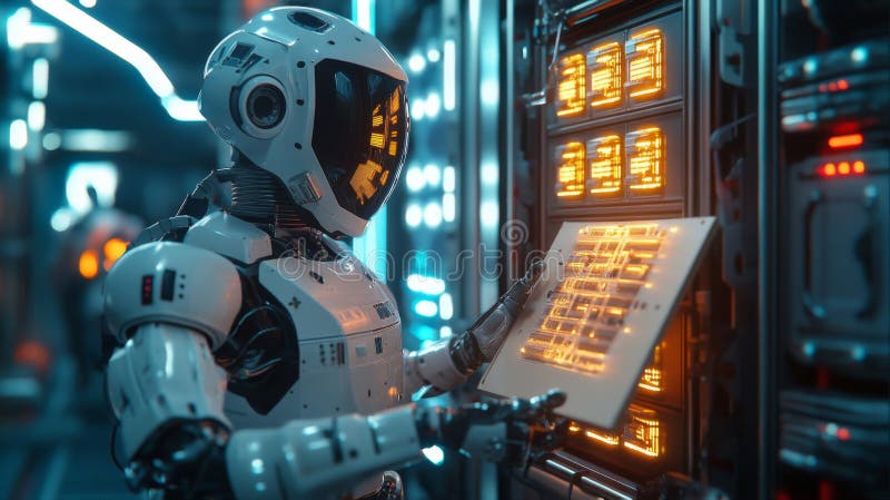 Futuristic Robot Inspecting Advanced Server Technology Stock ...