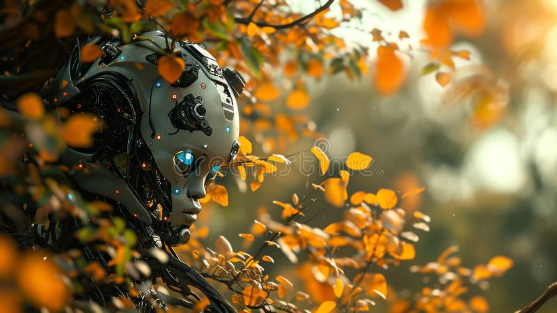 Futuristic Robot Integrated into Vibrant Autumn Foliage Stock Photo ...