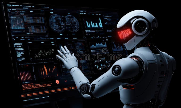 Futuristic Robot Interacting with Advanced Data Analytics Dashboard in ...