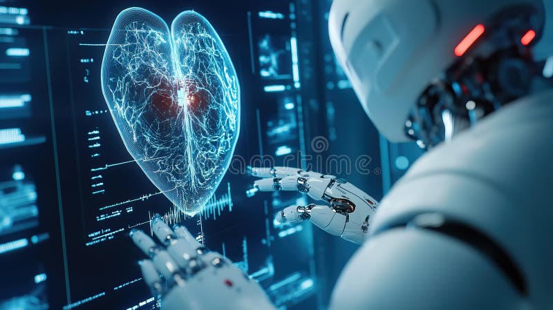 Futuristic Robot Interacting with Digital Heart Display in Advanced ...