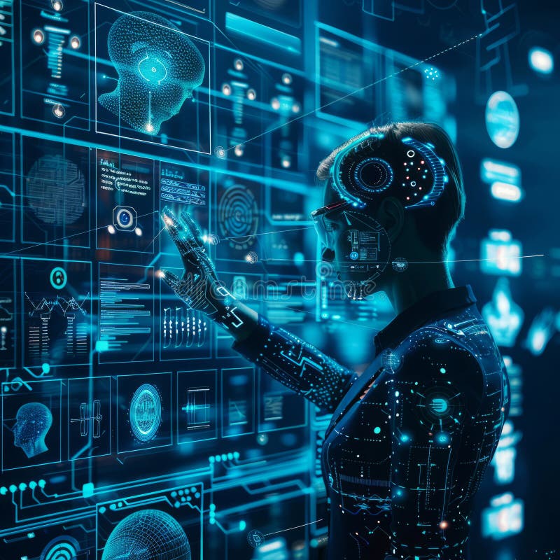 Futuristic Robot Interacting with Digital Network Connections Stock ...