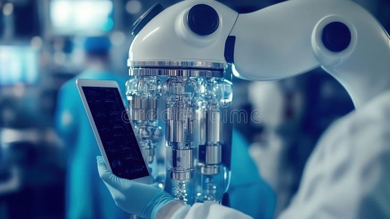 Futuristic Robot Analyzing Data on a Digital Tablet in a Tech ...