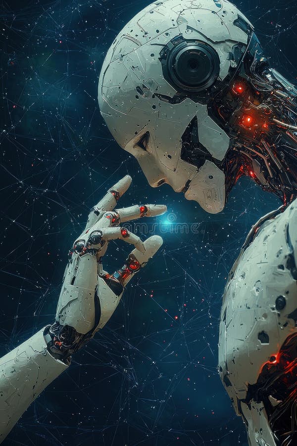 Futuristic Robot Interacting with Glowing Network in a Sci-fi Digital ...