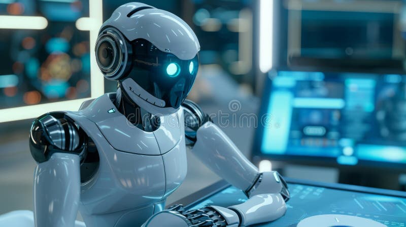 Futuristic Robot Interacting with High-Tech Console Stock Photo - Image ... Futuristic Robot Interacting with High-Tech Console Stock Photo - Image ...