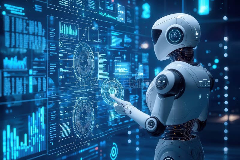 Futuristic Robot Interacting with High-Tech Data Visualization Screens ...