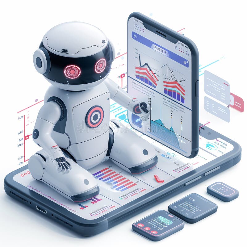Futuristic Robot Interacting with Smartphone Analytics. AI Bot ...