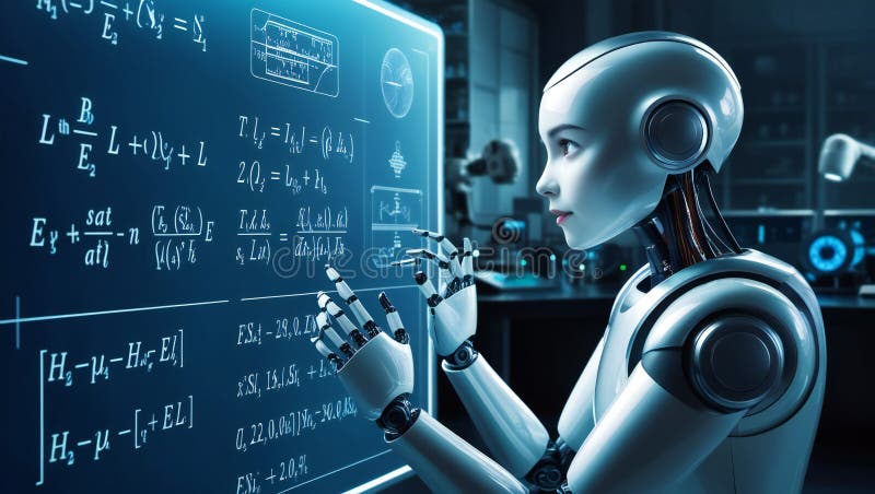 Futuristic Robot Interacting with Transparent Screen: Writing and ...