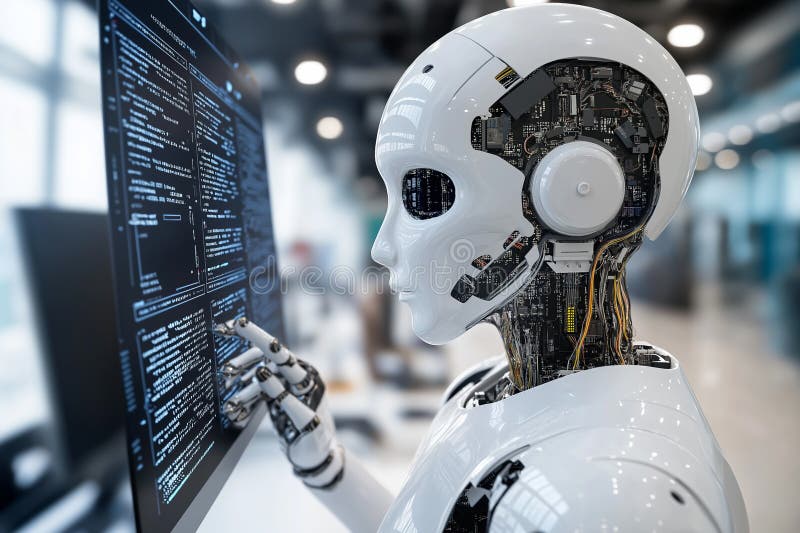 A Futuristic Robot Interacts with Advanced Technology in a Modern ...