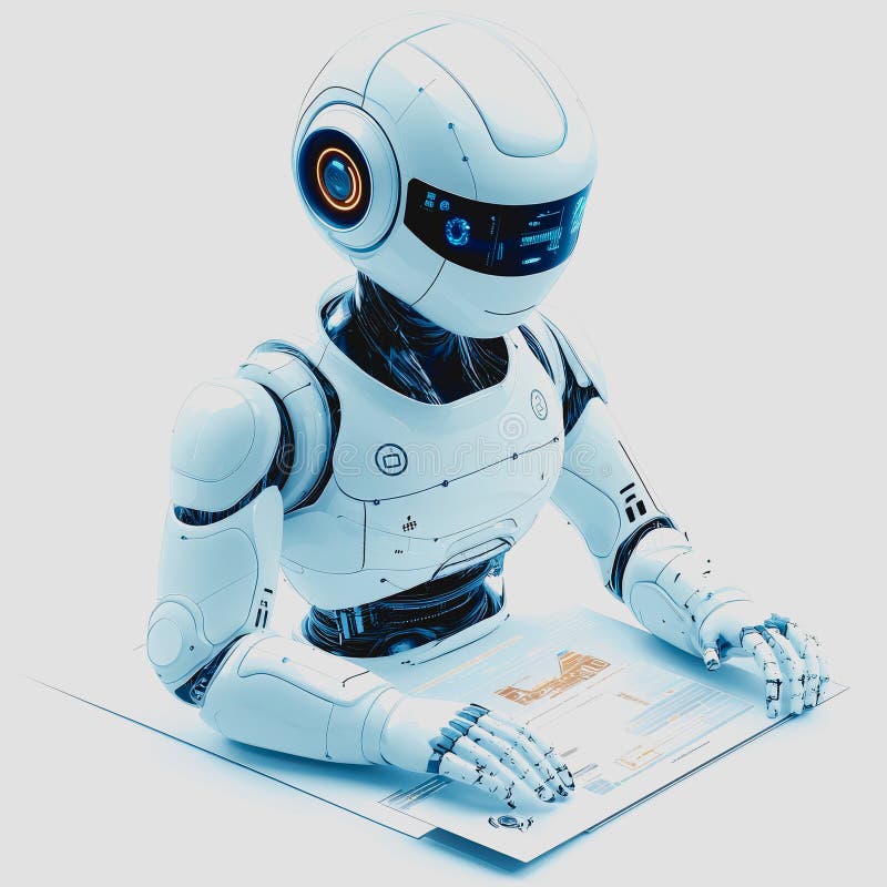 Futuristic Robot Analyzing Digital Blueprint with Advanced Technology ...