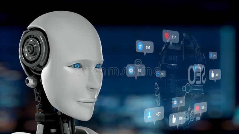 Futuristic Robot Interacts with Digital Social Media Icons and Notifications in a Tech-forward ...