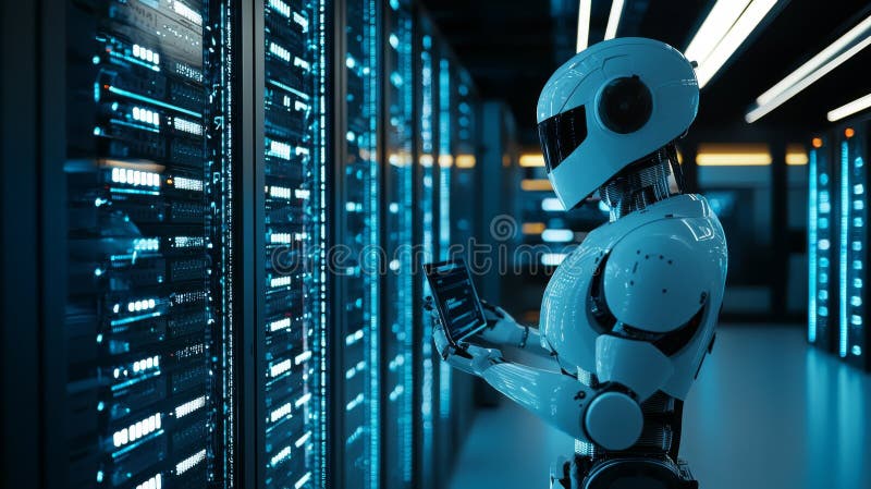 A Futuristic Robot Interacts with High-tech Servers in a Digital Data ...