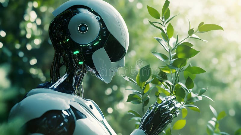 Advanced Robot Studying Nature Green Plant Technology Future AI 3d Eco ...