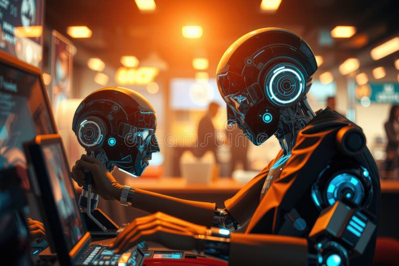 Futuristic Robot Interacts with Smaller Robotic Head in High Tech ...