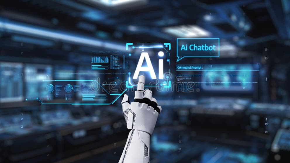 Futuristic Robot Interface Touching AI Chatbot Icon in High-Tech ...
