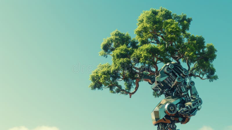 Futuristic Robot Intertwined with Lush Green Tree Under Clear Sky Stock ...