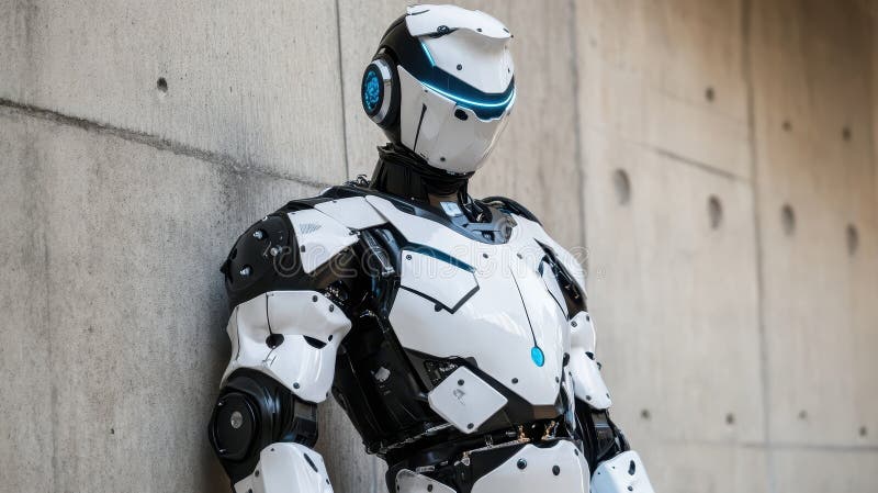 Futuristic Robot Leaning Against Concrete Wall, High-Tech Armor, Neon ...