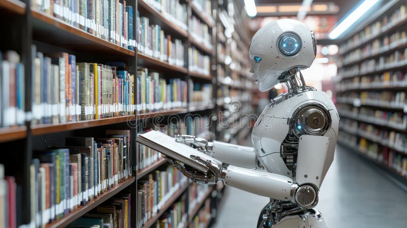 Futuristic Robot Librarian Organizing Digital Library Stock ...