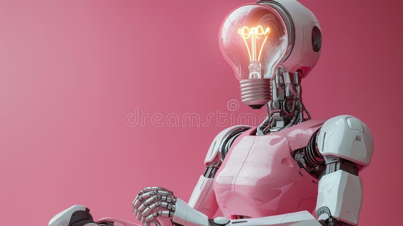 Futuristic Robot with Light Bulb Head Sits on Pink Background ...