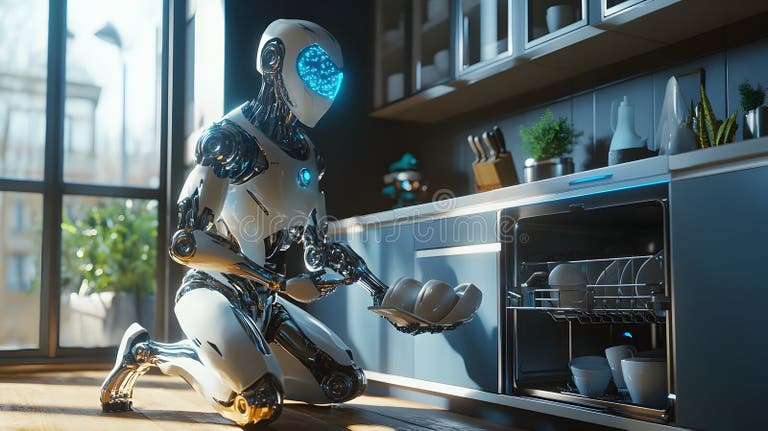 Futuristic Robot Loading Dishwasher in Modern Kitchen Setting Stock ...