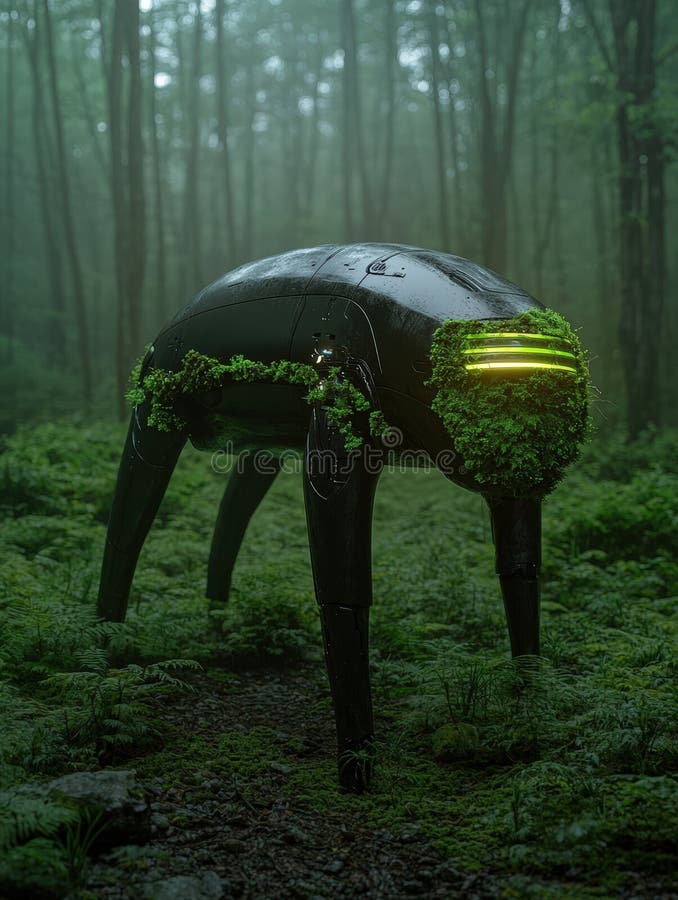 Futuristic Robot in a Lush Green Forest. Stock Illustration ...