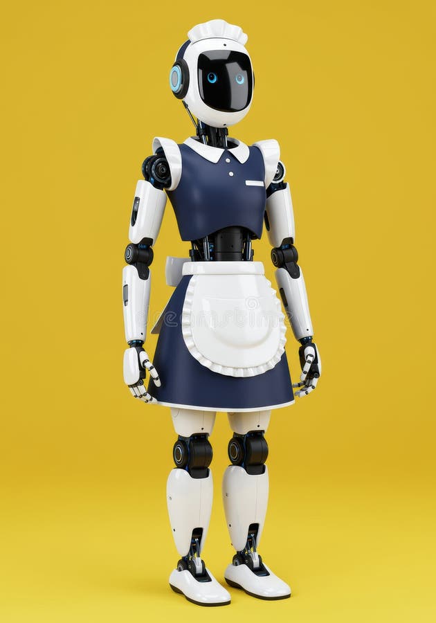 Futuristic Robot Maid in Uniform Standing Against Yellow Background ...