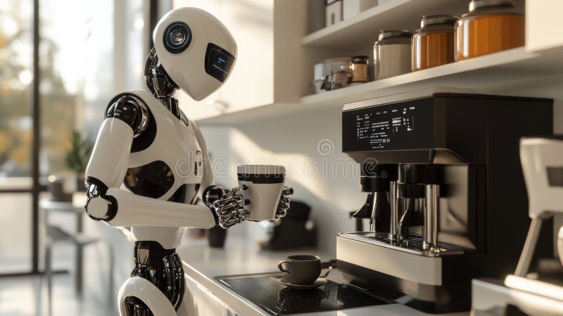 Futuristic Robot Making Coffee in a Modern Kitchen Setting Stock Photo ...